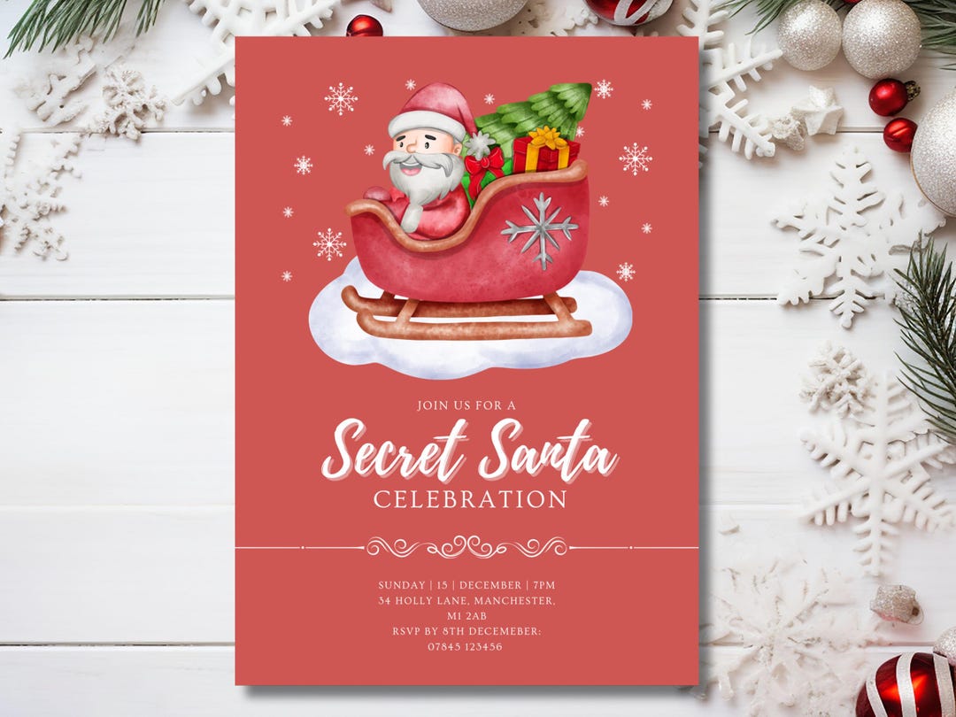 Secret Santa Invitation | Editable Holiday Gift Exchange Party Invite ...