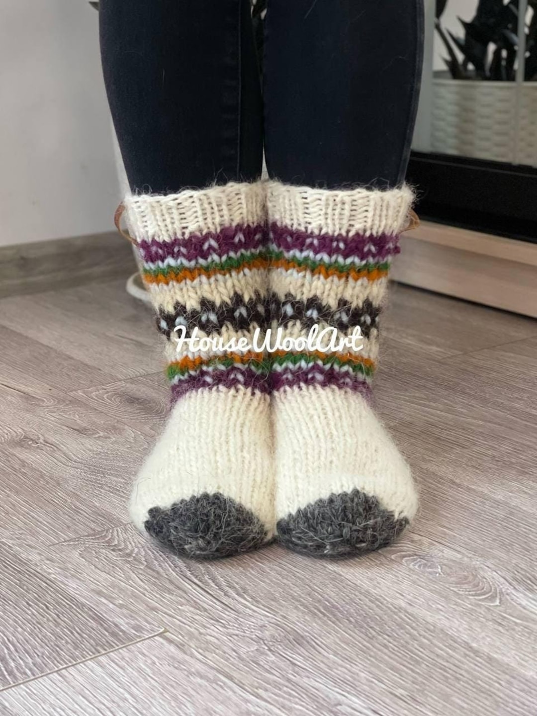Handmade White Wool Socks: Knit Patterned Winter Socks - Soft & Warm ...