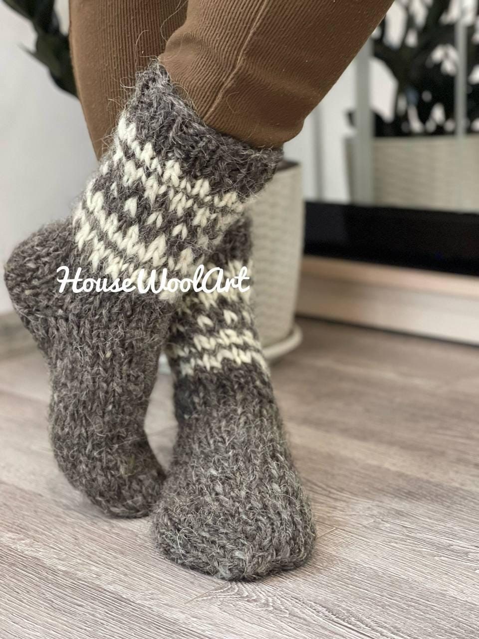 Hand-knitted Grey Wool Socks, Extra Thick, Large Sizes, Pure Organic ...
