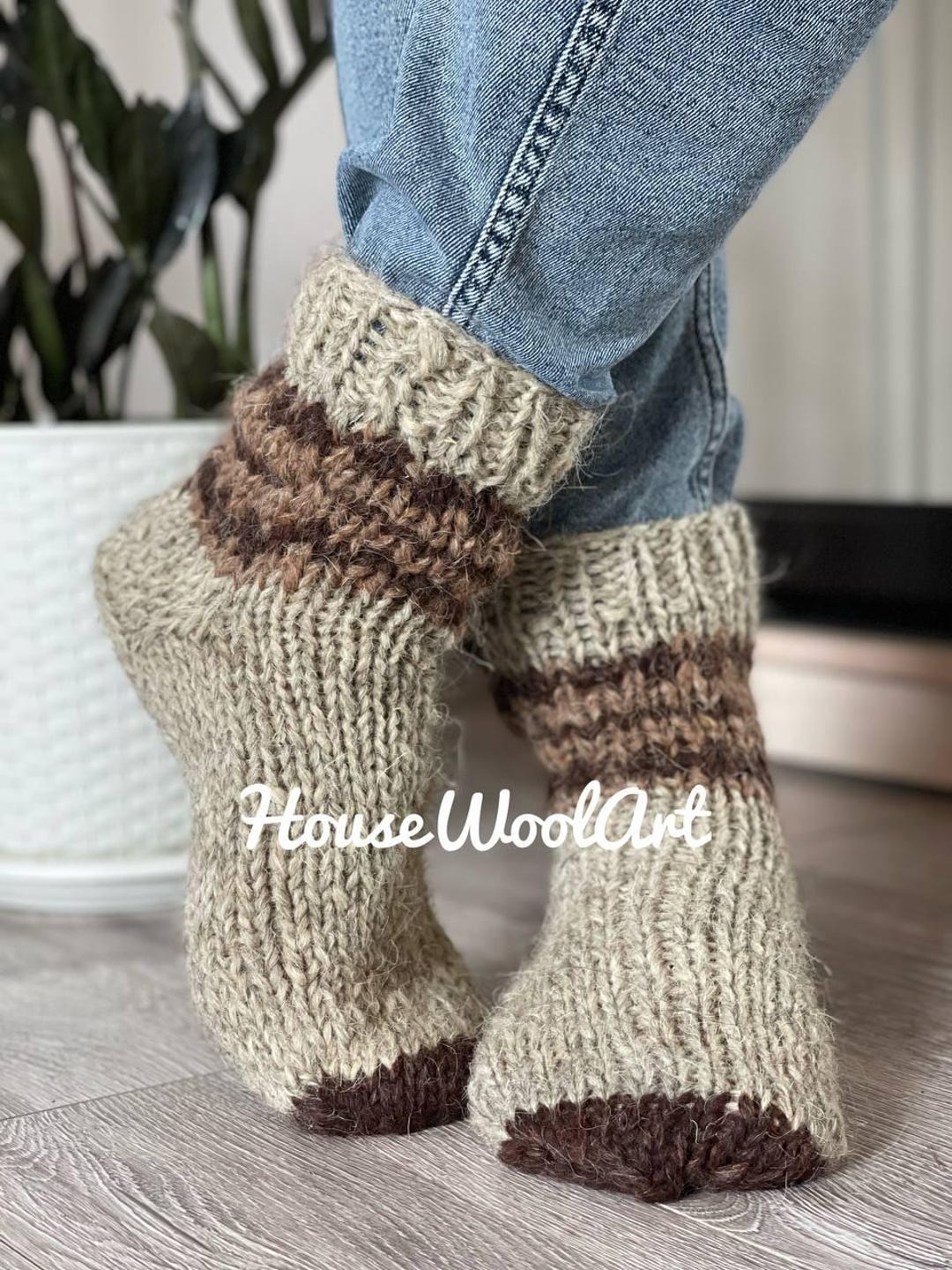 Gray Wool Slipper Socks Natural Sheep Wool Chunky Knit House Shoes Warm ...