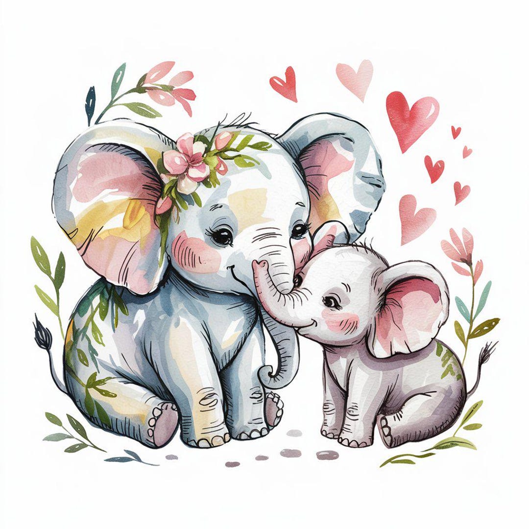Mother and Baby Elephant Love Clipart | Cute Elephant Art for Mother’s ...