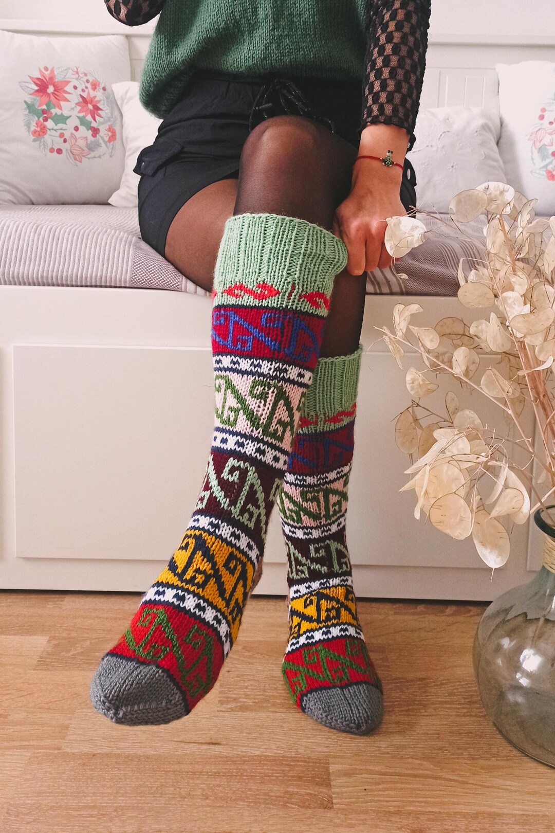 Handmade Ethnic Wool Socks, Colorful Knitted Winter Leg Warmers - Etsy