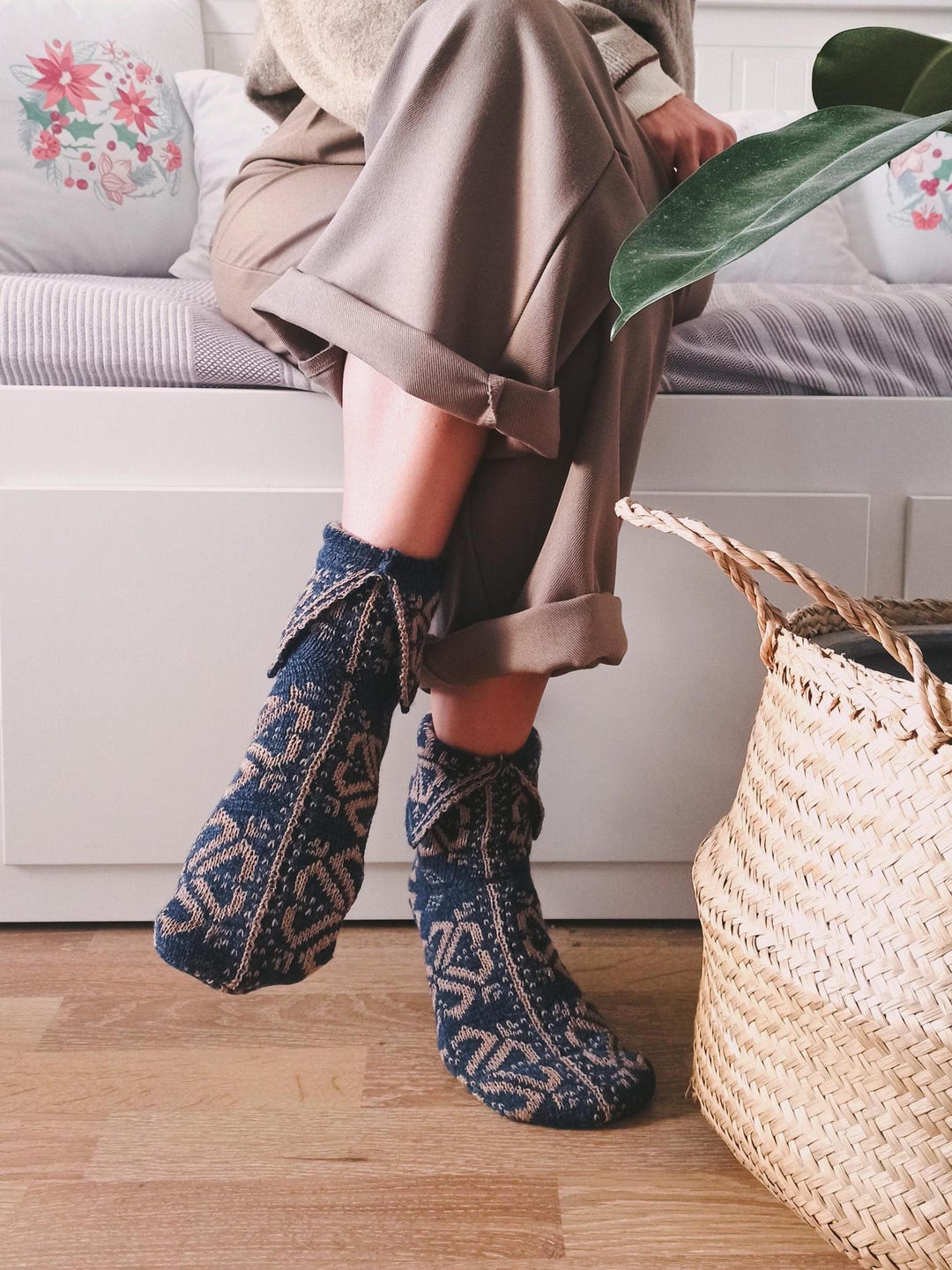 Navy Blue and Beige Wool Womens Socks,cozy Warm Women Socks,ethnic ...