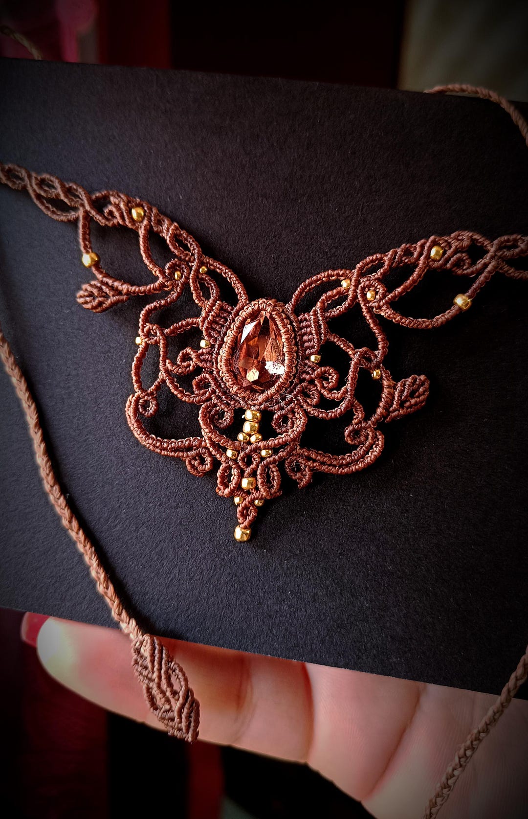 Macrame Elegant Necklace, Brown Micromacrame Necklace With Preciosa ...