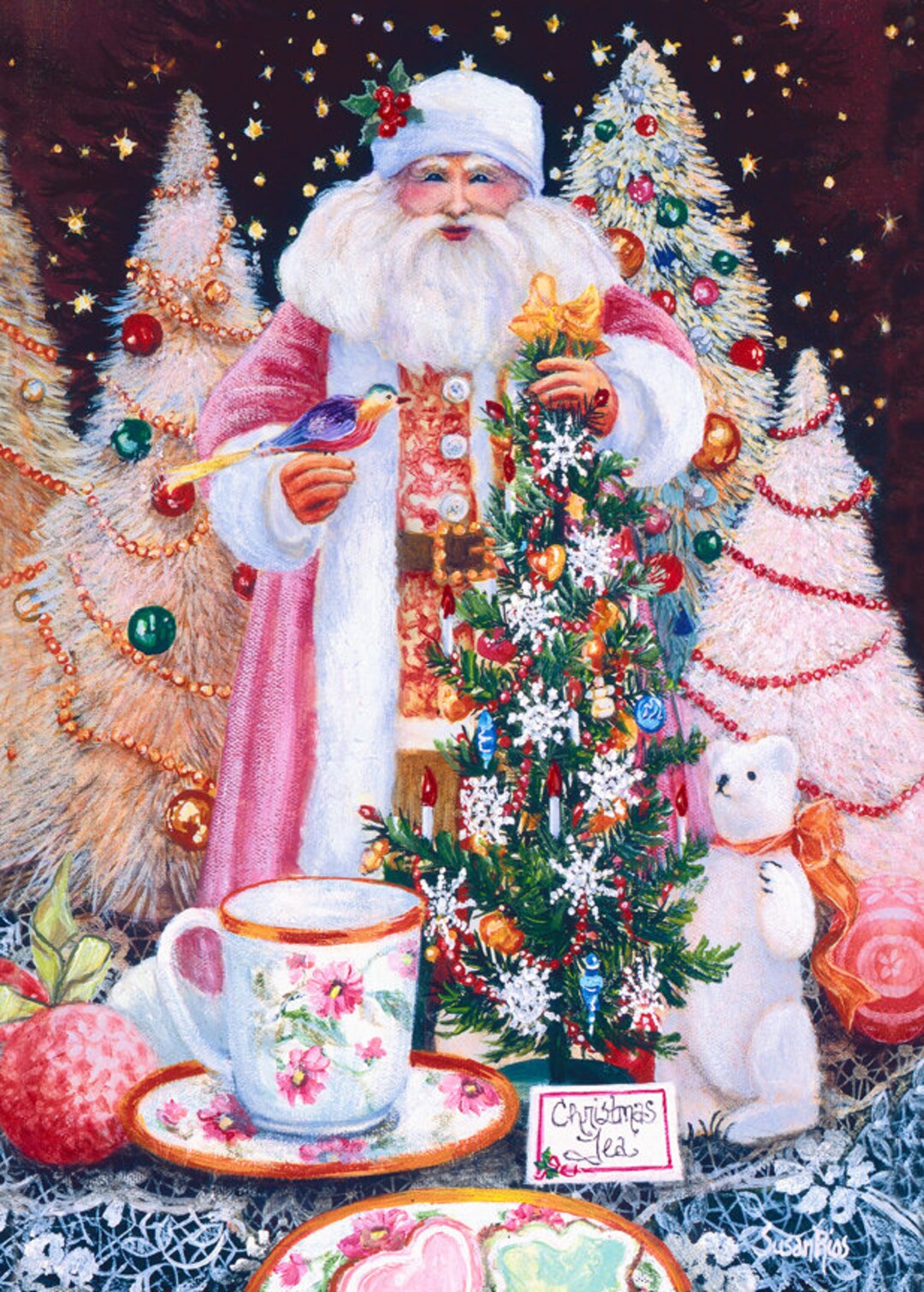 Pink Santa Print, Vintage Christmas Print, Christmas Tea Print, Pink ...
