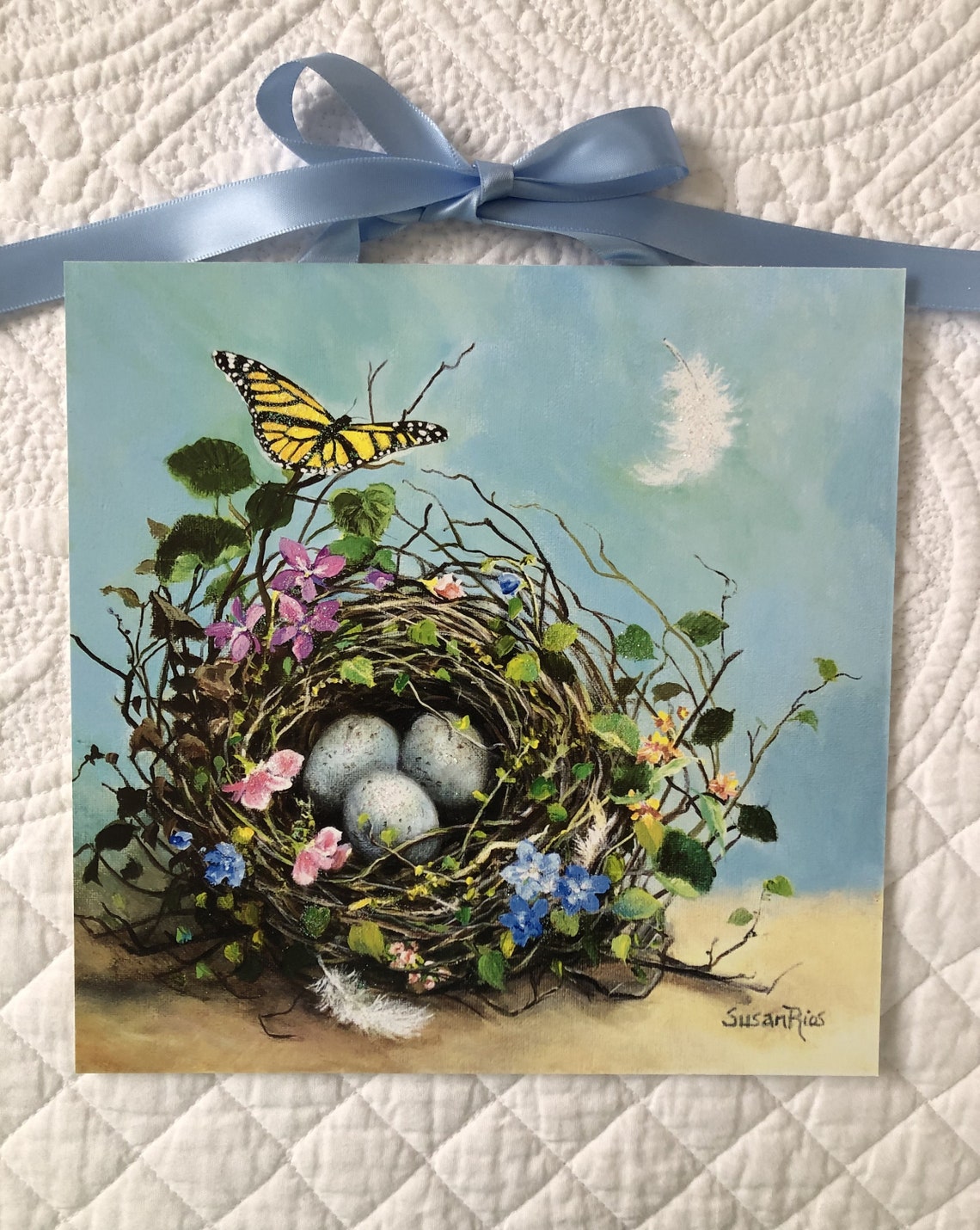 Springtime Bird Nest Art Print Floral Bird Nest Bird Nest - Etsy