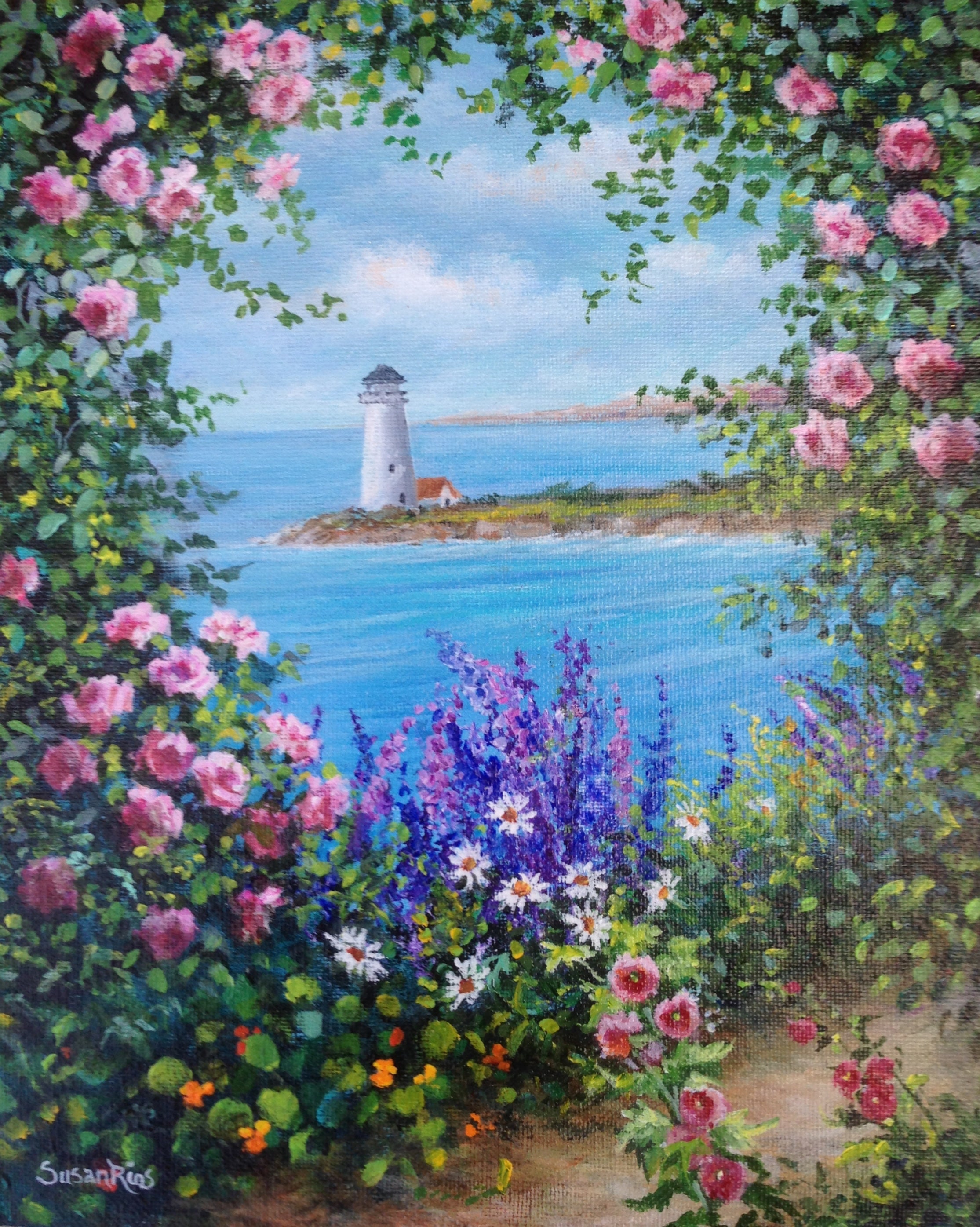 Lighthouse View Art Print Lighthouse and Roses Floral With - Etsy