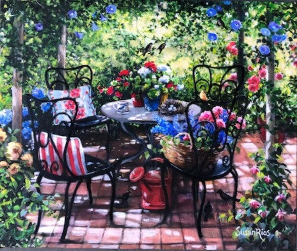 Floral Patio Giclee Print: Red White and Blue Summer Garden Art (10x12 ...