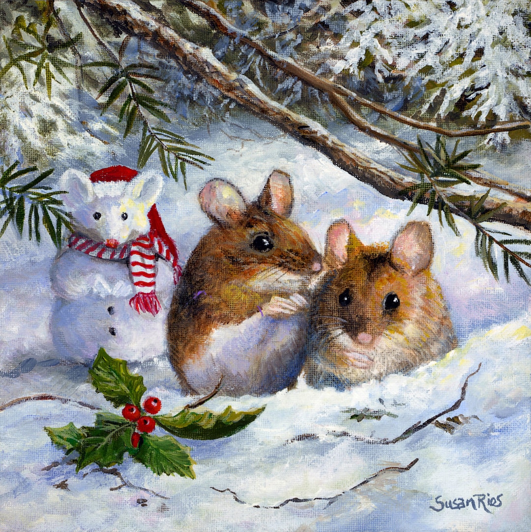 Snow Mouse, Mice in Snow, Two Mice in Snow, Mice Art Print, Christmas ...