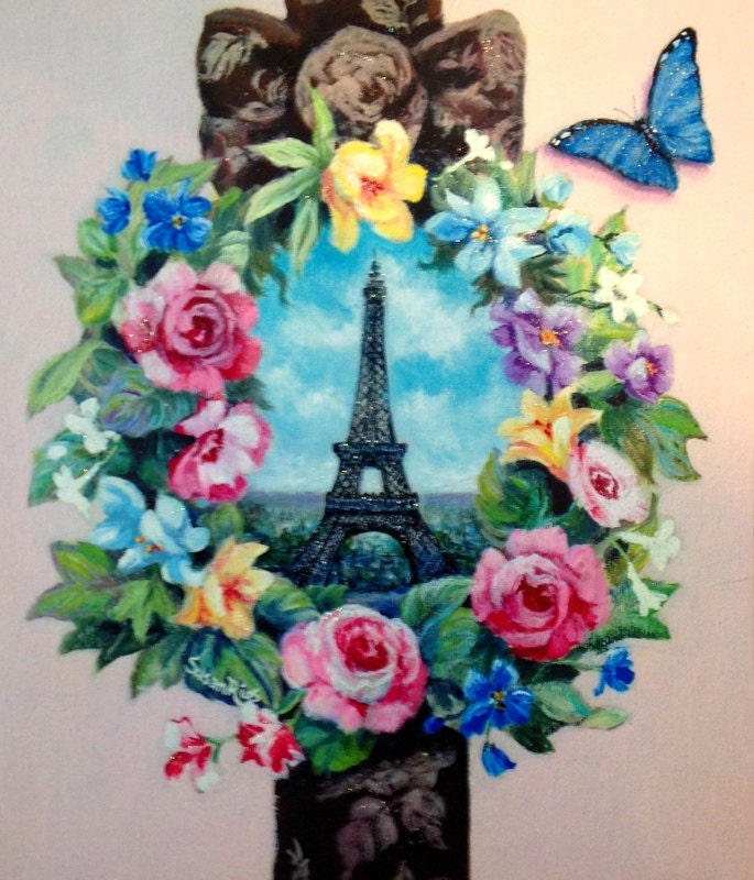 Eiffel Tower Print Paris Art Floral Wreath Butterfly Print | Etsy