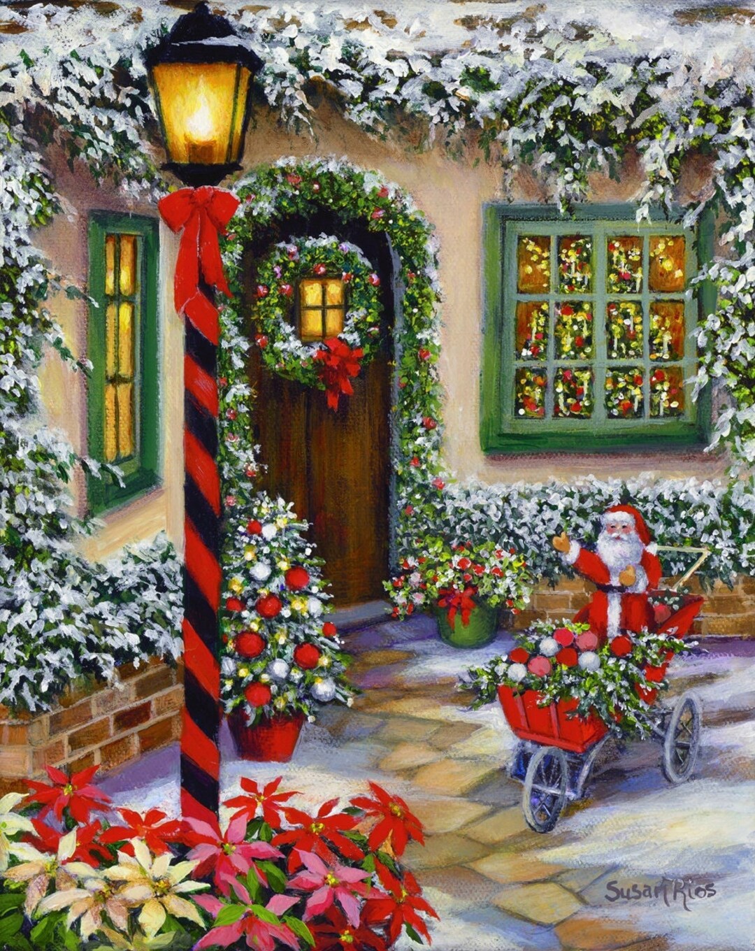 Lightpost Cottage, Christmas Cottage Art Print, English Cottage at ...