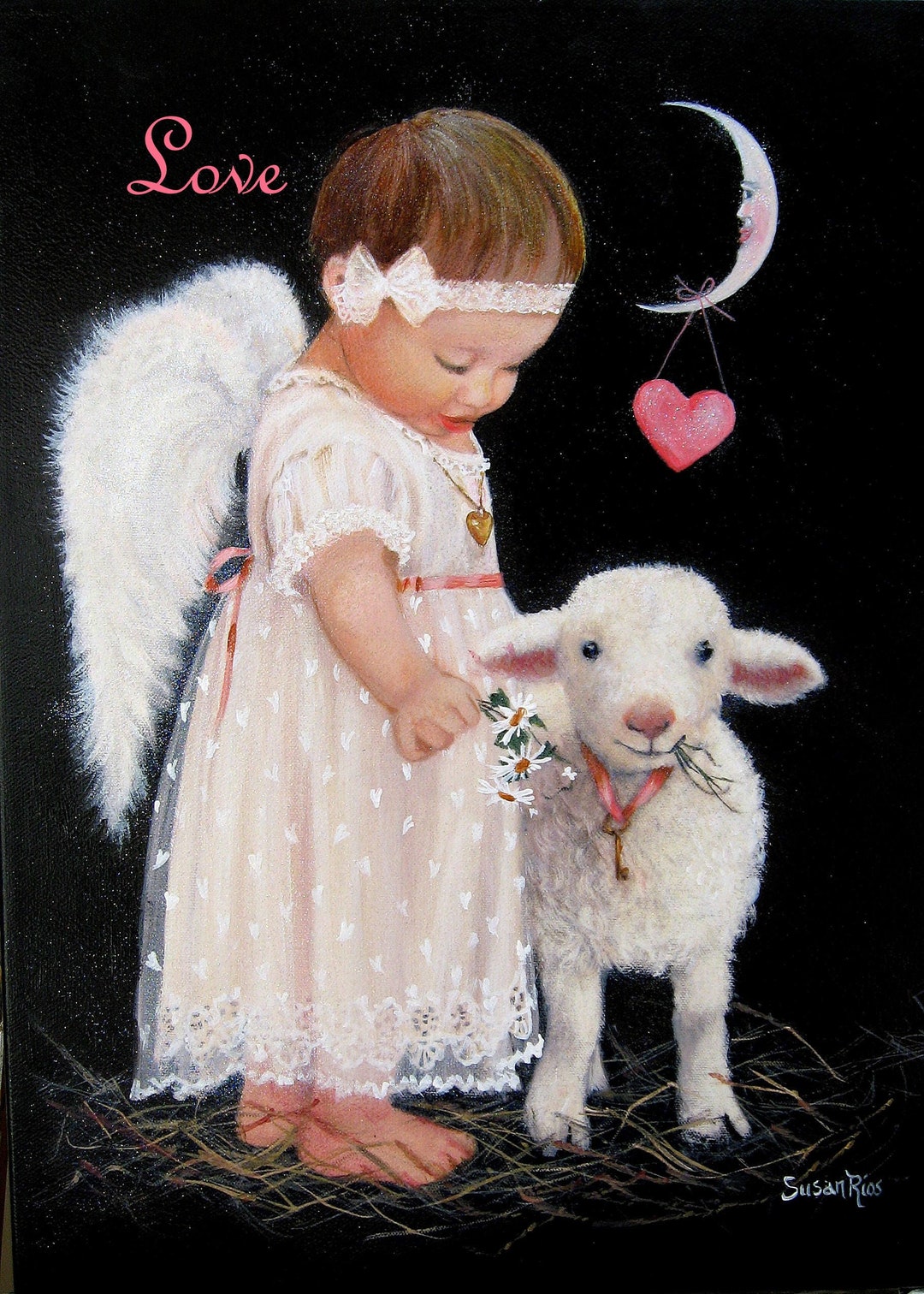 Angel and Lamb Art, Valentine Angel, Baby Lamb and Angel Print, Angel ...