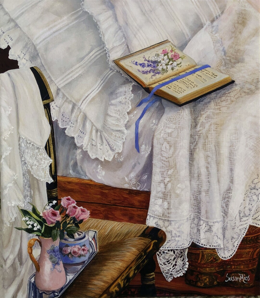 Susan Rios Bedroom Painting: White Lace Linens, Vintage Poetry Book - Etsy