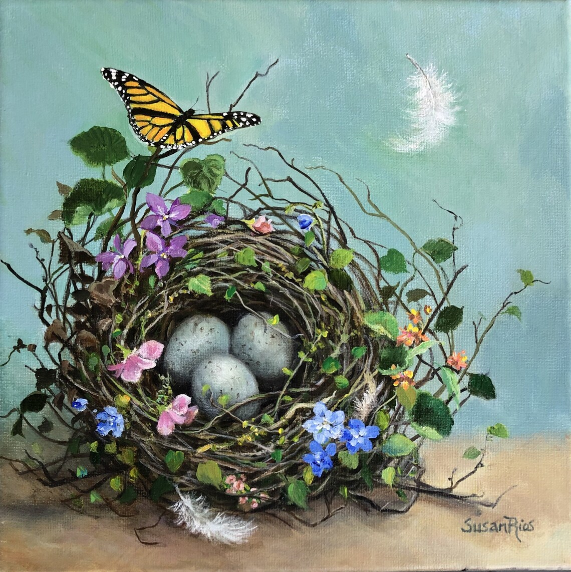 Springtime Bird Nest Art Print Floral Bird Nest Bird Nest - Etsy