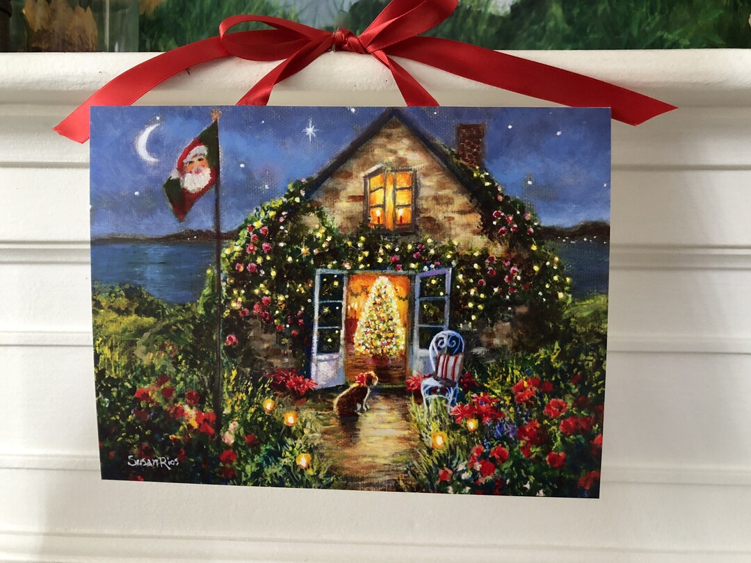 Glittery Seaside Christmas Cottage Print: Festive Coastal Holiday Decor ...
