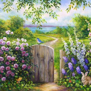 Bluebird Gate Art Print, Bluebird Art, Ocean Art, Floral Art, Floral ...
