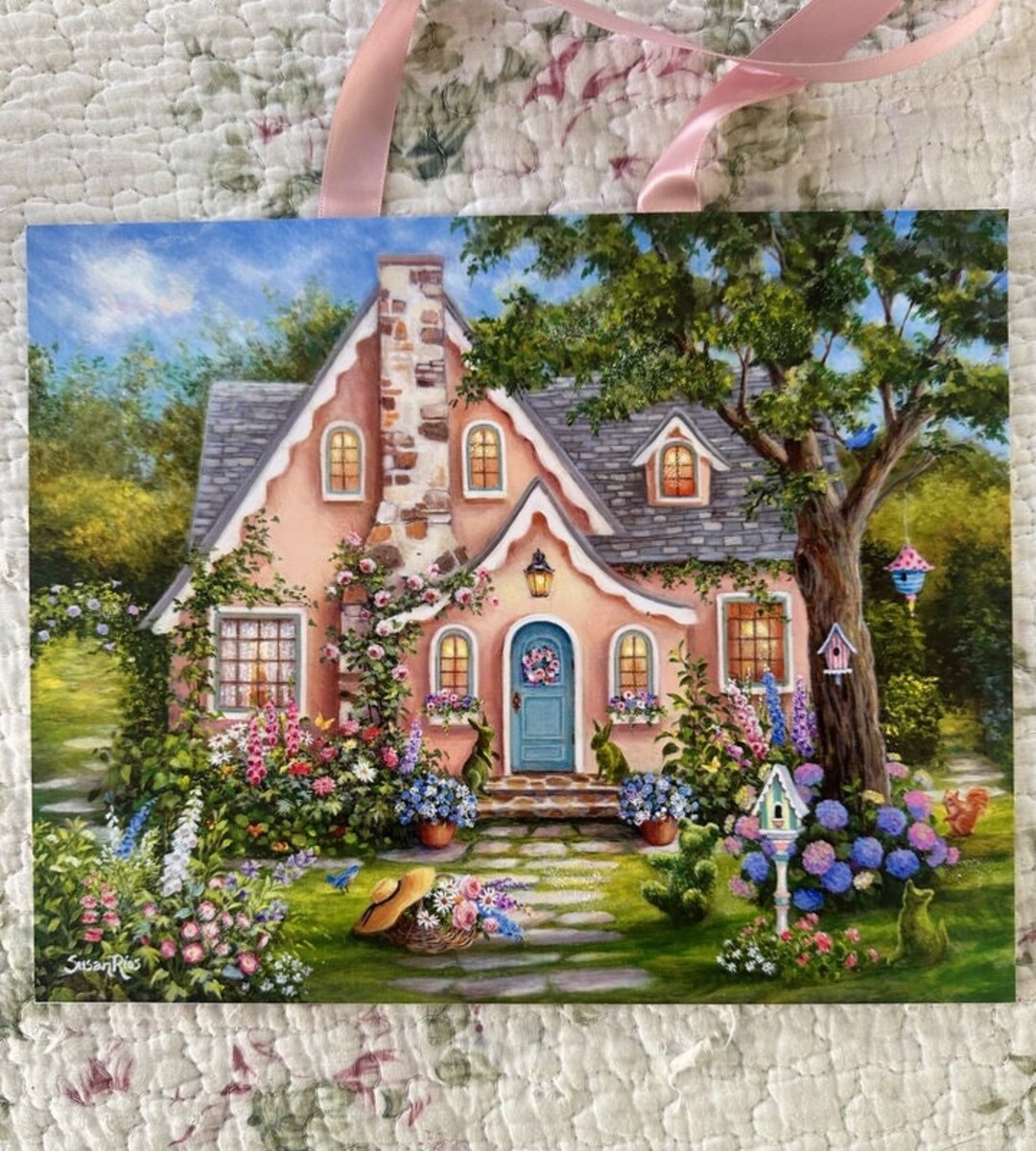 Blush Pink Cottage Art Print, Cottage With Flowers, Cottage Decor ...