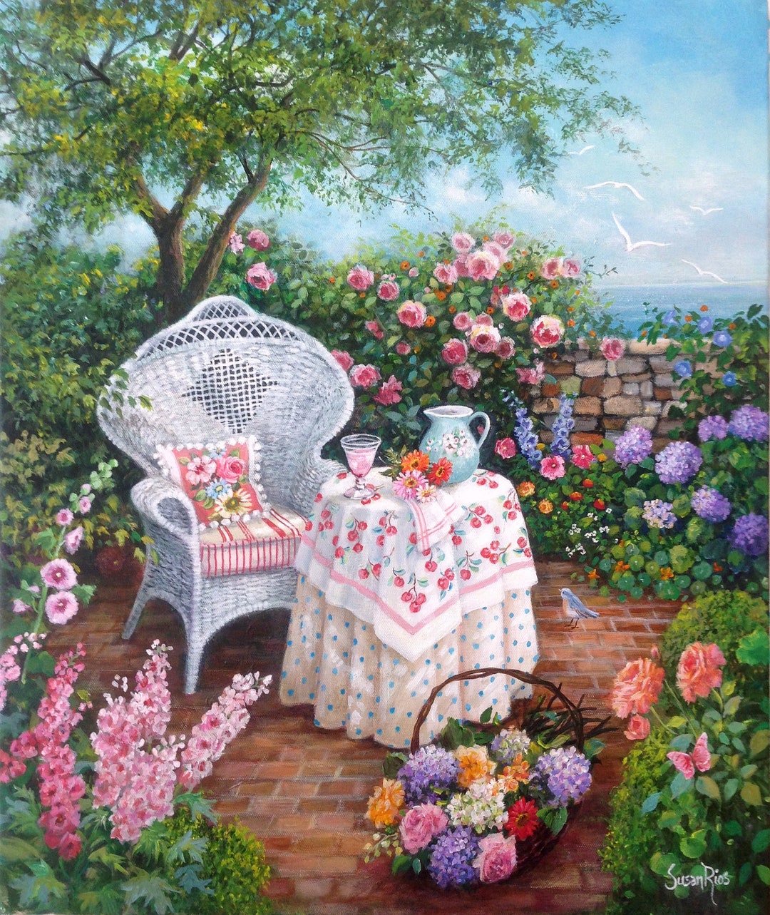 Floral Garden Patio by Susan Rios, White Wicker Chair, Pink Roses on ...