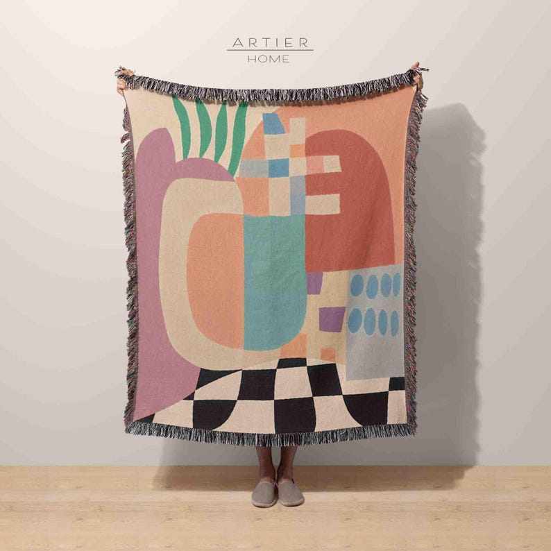 Abstract Woven Cotton Throw Blanket: Colorful Boho Wall Decor, USA Made ...