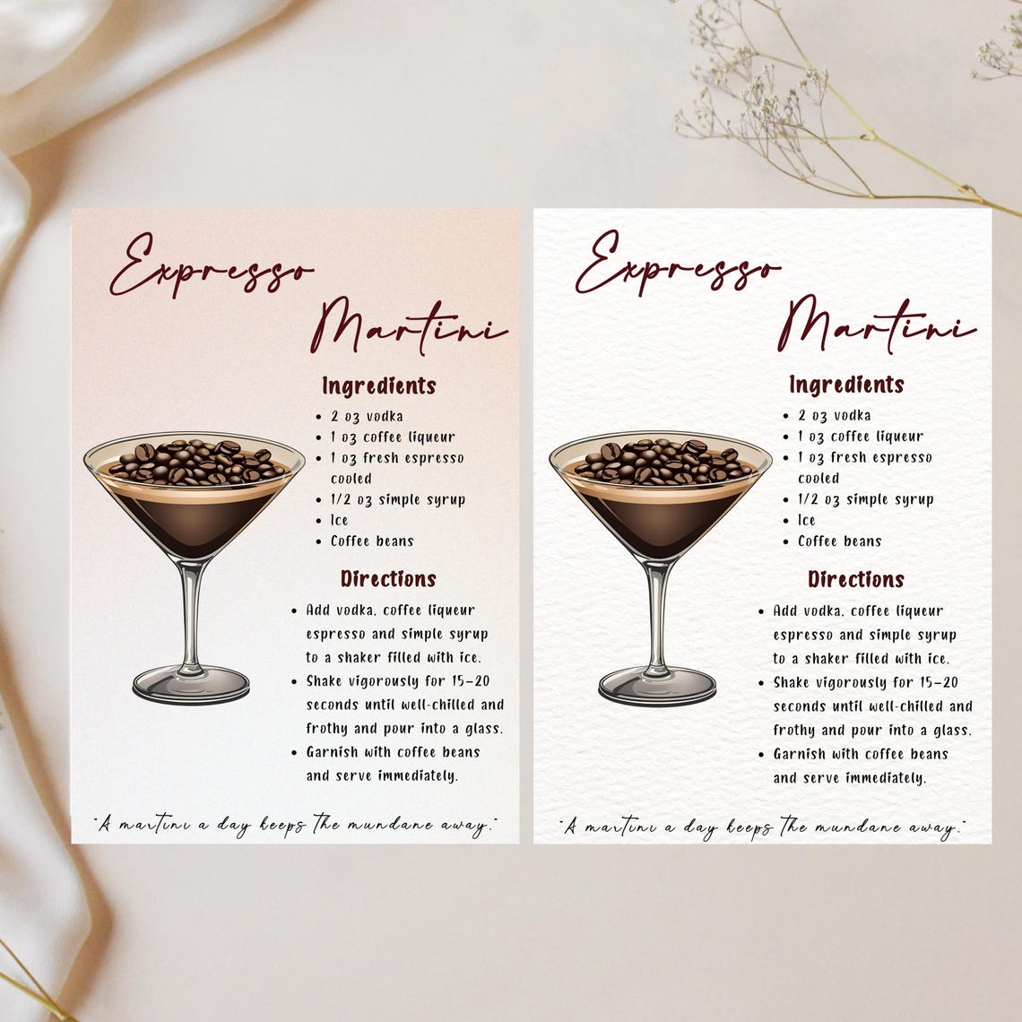 Espresso Martini Cocktail Recipe Card, Printable Espresso Martini Card ...