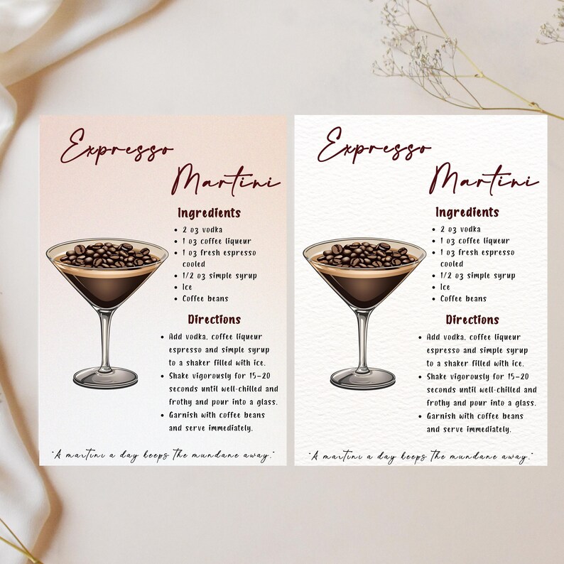 Espresso Martini Cocktail Recipe Card, Printable Espresso Martini Card ...