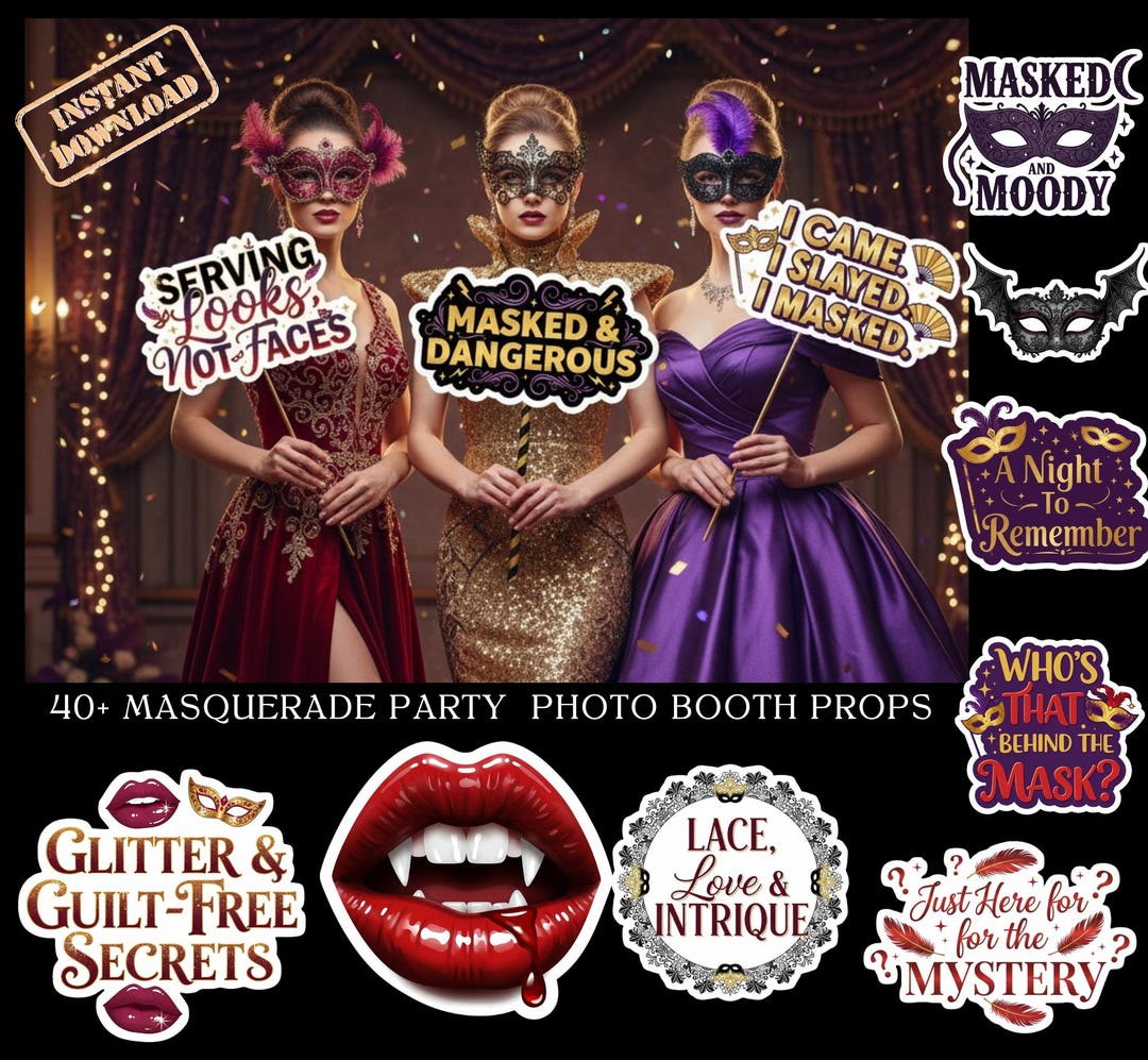 Masquerade Ball Photo Booth Props: Gothic Party Decorations (PNG ...
