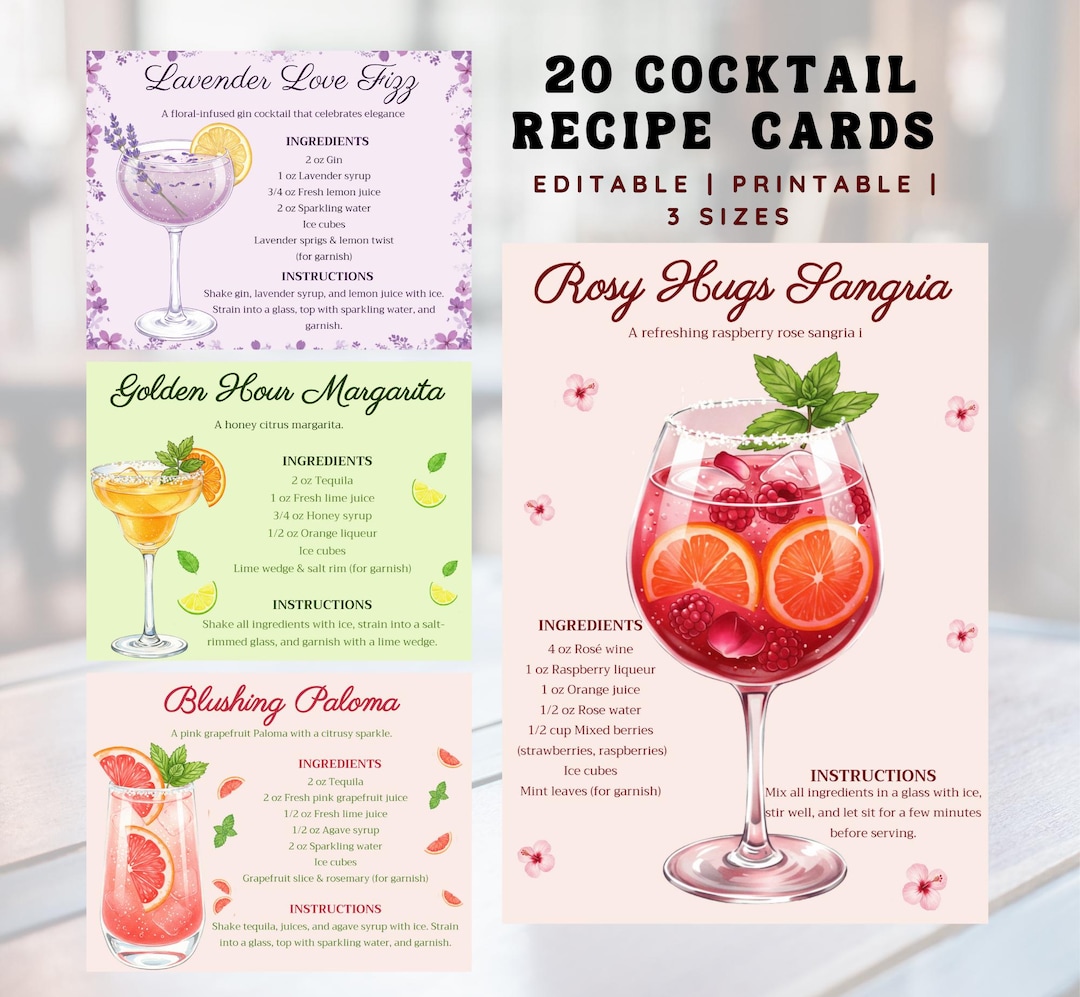 Editable Cocktail Recipe Card Template, Printable Signature Drink ...