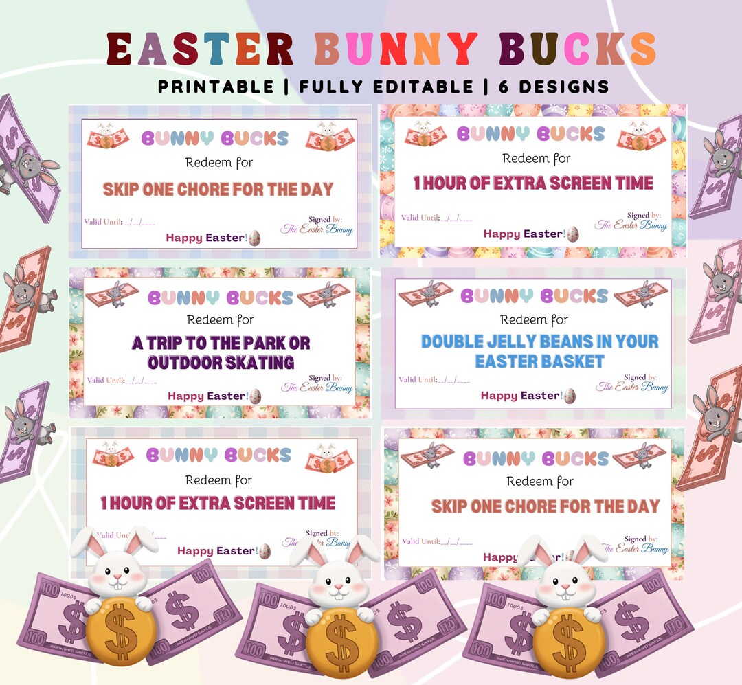 Printable Easter Bunny Bucks for Kids, Editable Easter Reward Coupon ...