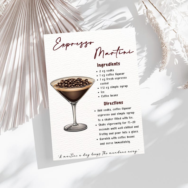 Espresso Martini Cocktail Recipe Card, Printable Espresso Martini Card ...