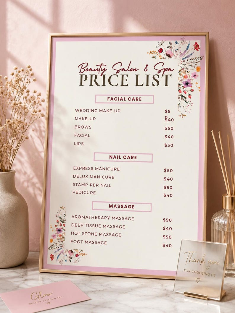 Beauty Salon Price List Template Canva Editable, Spa Price Menu, Pink ...