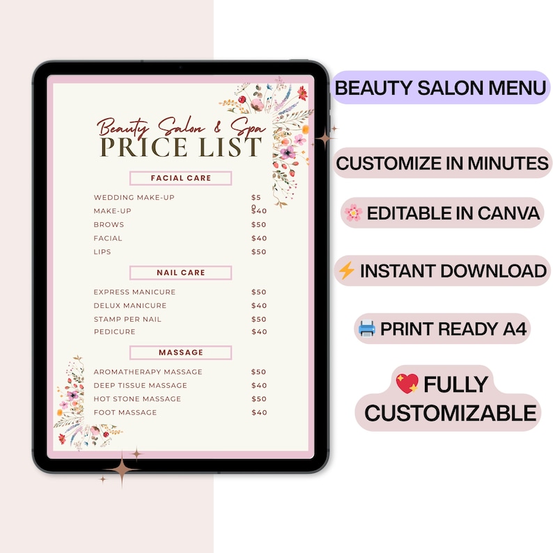 Beauty Salon Price List Template Canva Editable, Spa Price Menu, Pink ...