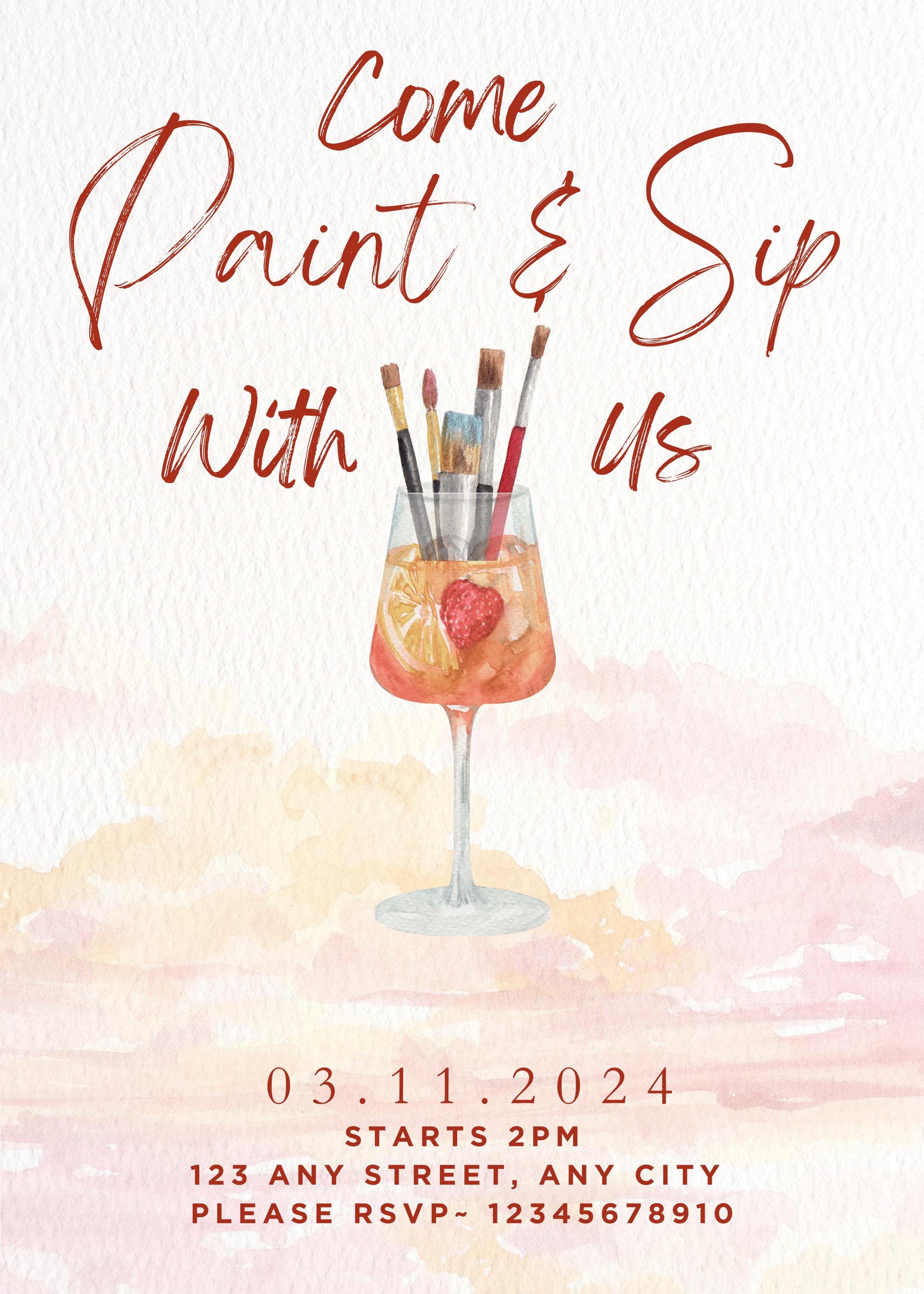 Editable Paint and Sip Party Invite Template, Fun Artsy Style Paintnsip ...