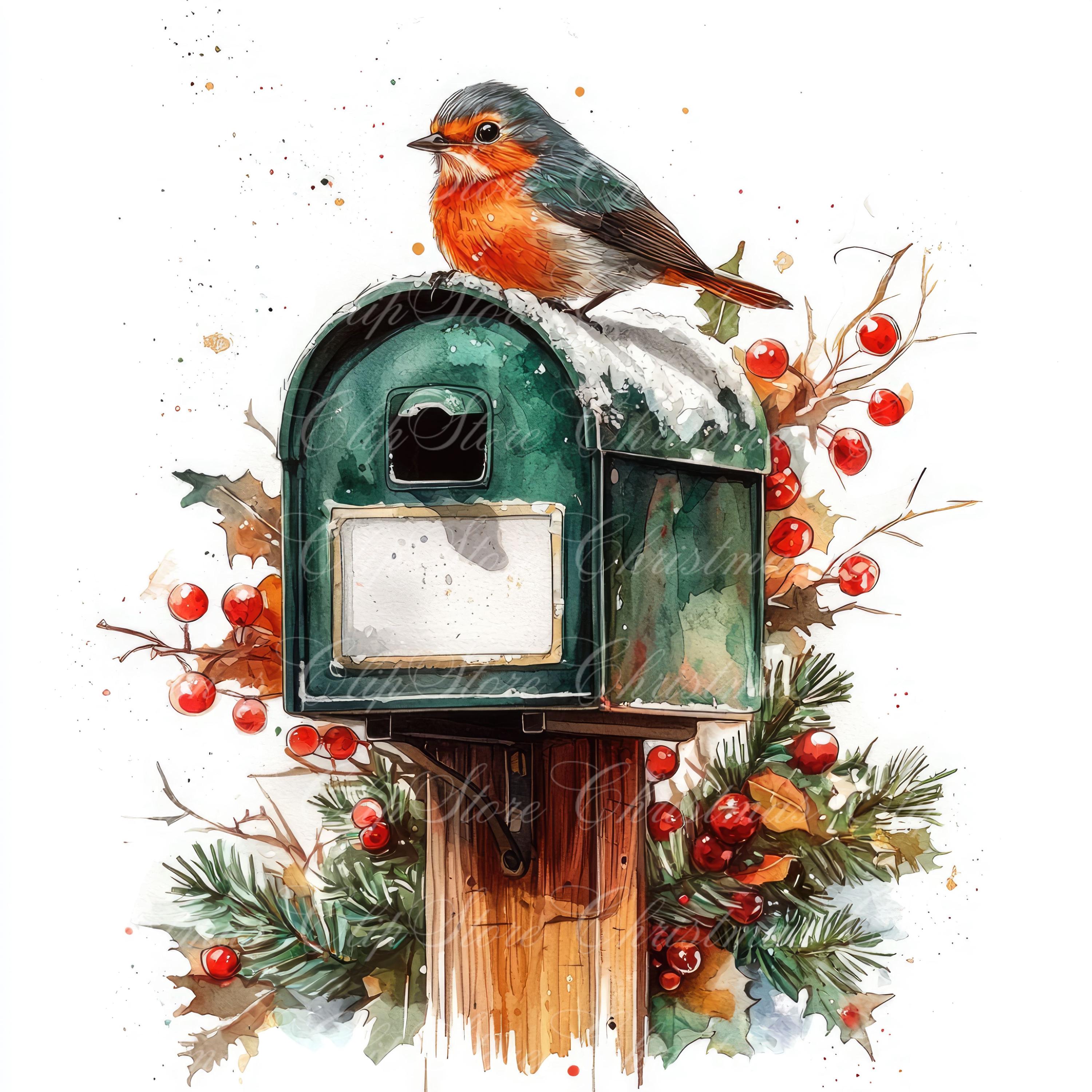Robin on Mailbox Christmas Clipart, Nostalgic Holiday PNG JPG (digital ...