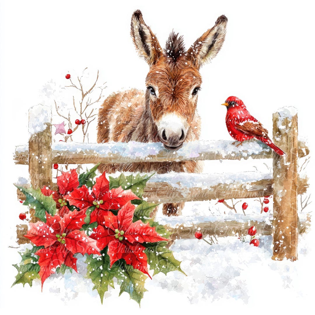 10 Christmas Donkey and Snowy Fence Digital Illustrations, High Quality ...