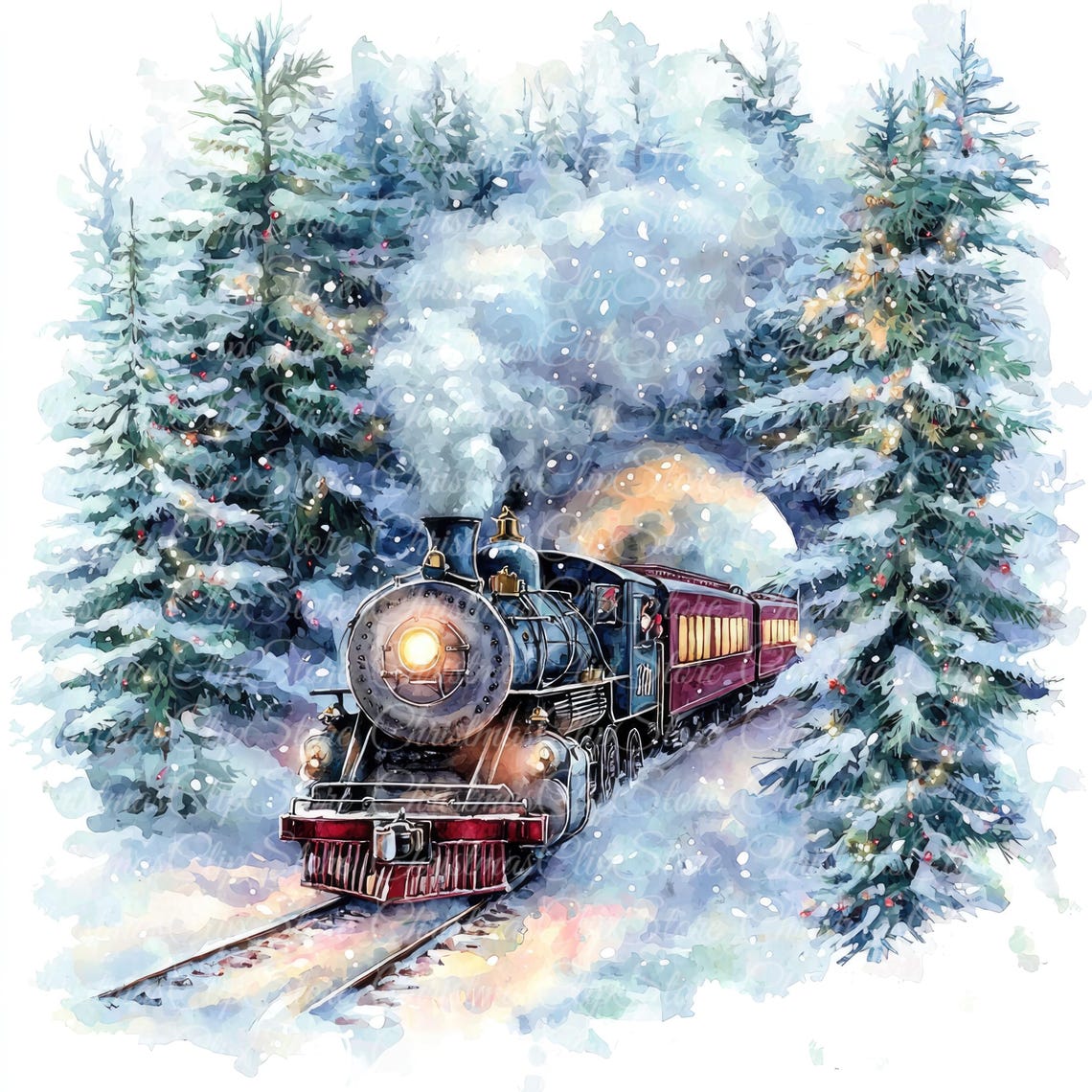 10 Magical Train on a Winter Evening Digital Illustrations, High ...