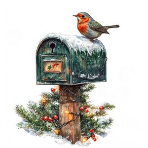 Robin on Mailbox Christmas Clipart, Nostalgic Holiday PNG JPG (digital ...