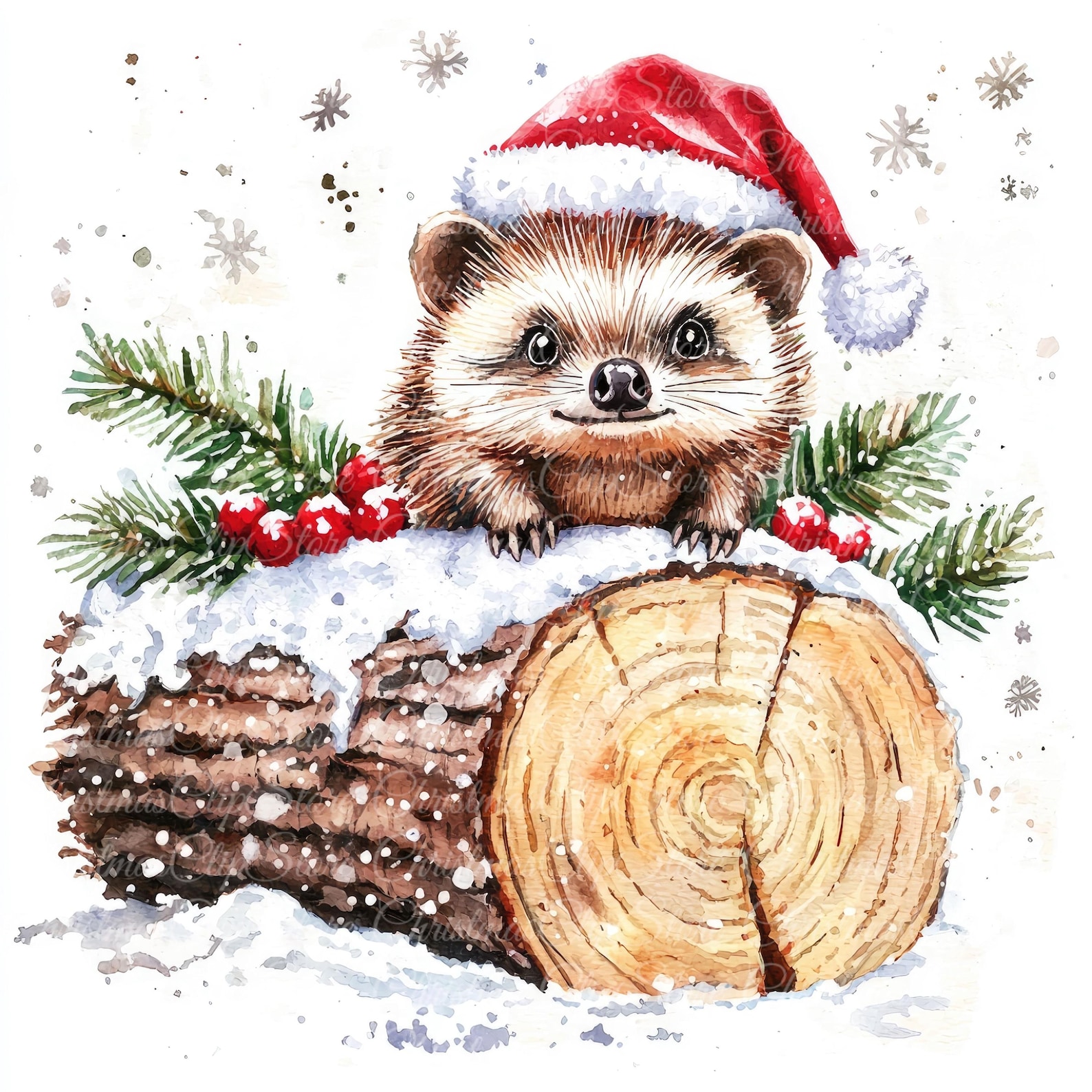 12 Christmas Hedgehog on Log Digital Illustrations, High Quality JPG ...