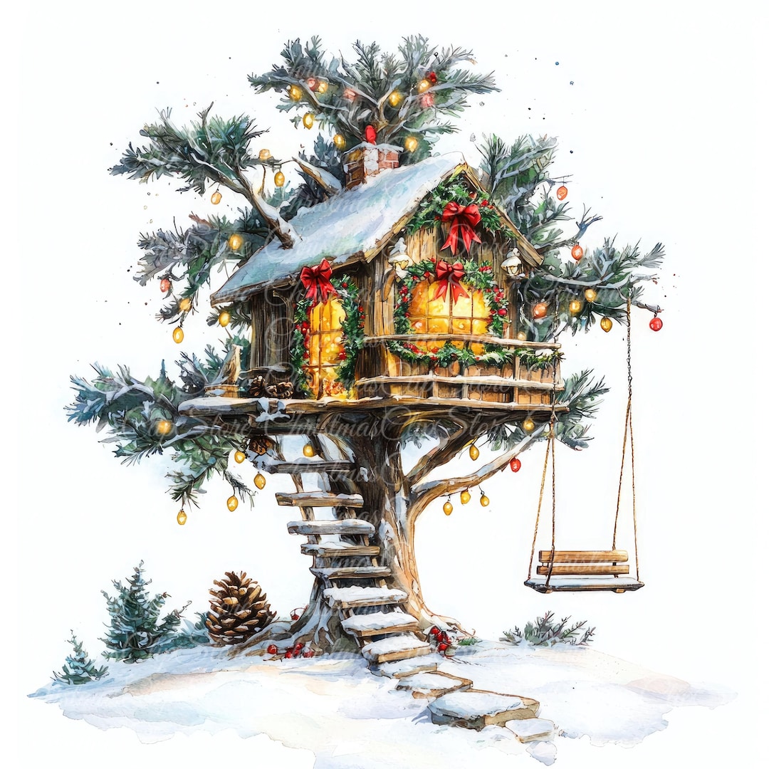 10 Christmas Treehouse Digital Illustrations, High Quality JPG Images ...