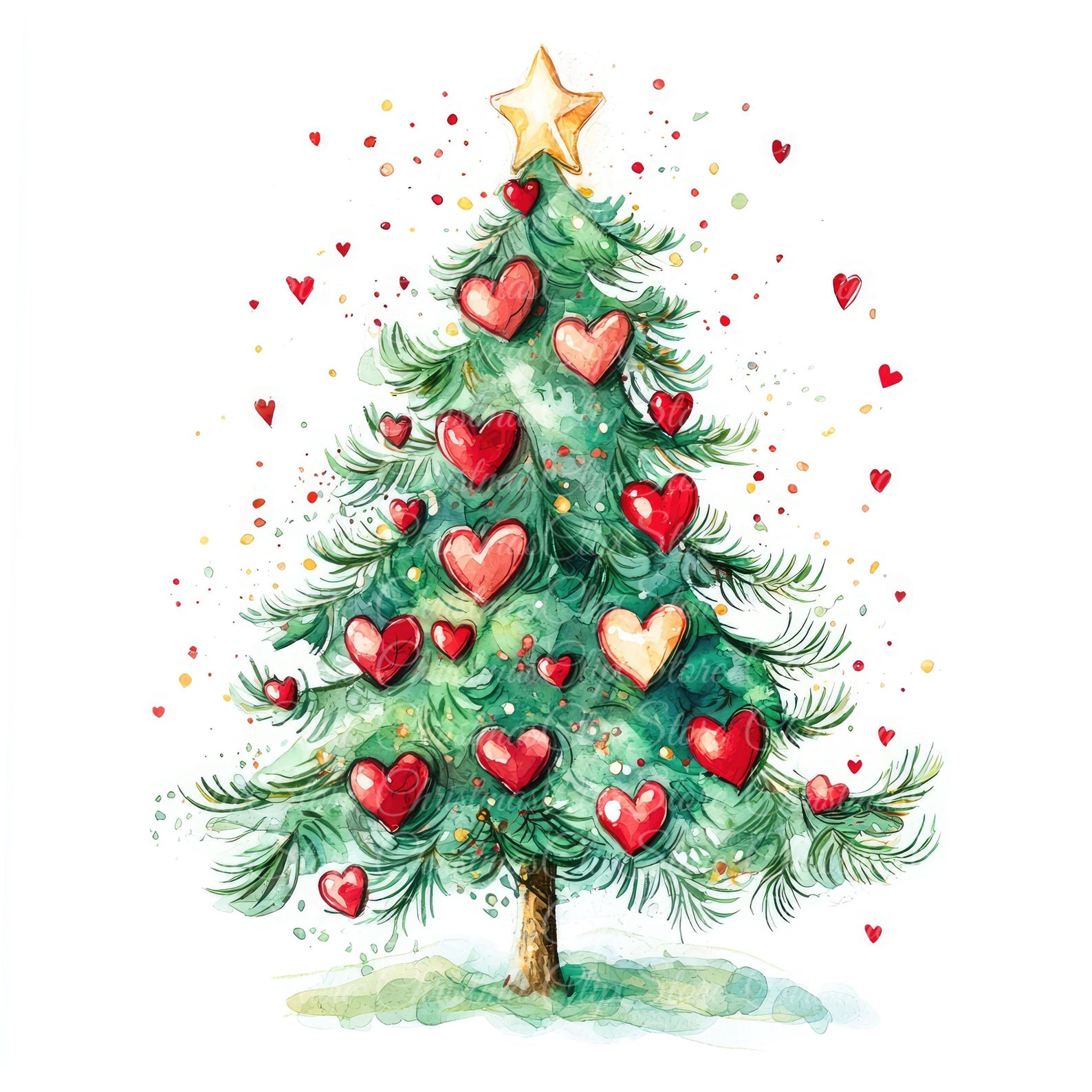 10 Christmas Tree With Hearts Digital Illustrations, High Quality JPG ...