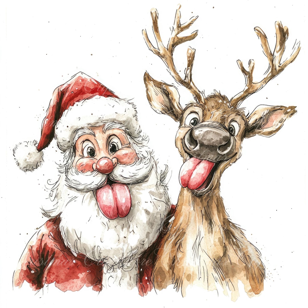 10 Funny Santa Claus and Reindeer Digital Illustrations, High Quality ...