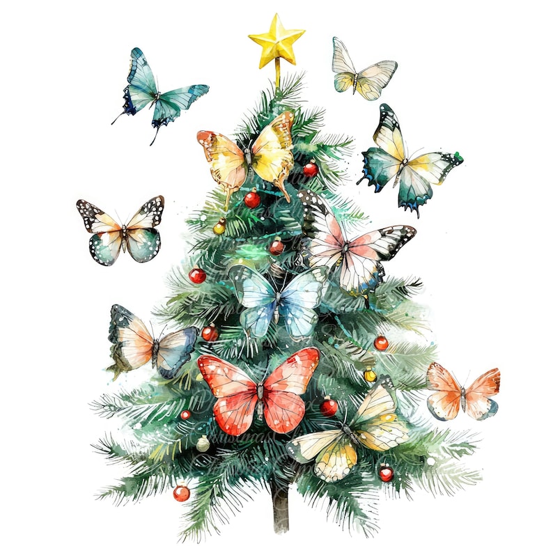 10 Butterflies Christmas Tree Digital Illustrations, High Quality PNG ...