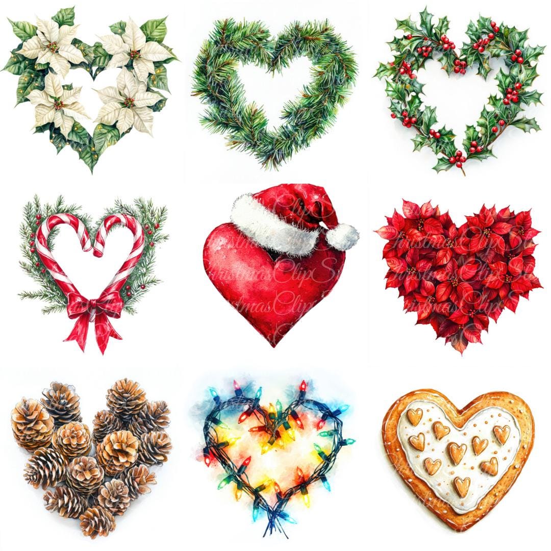 10 Christmas Hearts Digital Illustrations, High Quality JPG Images ...