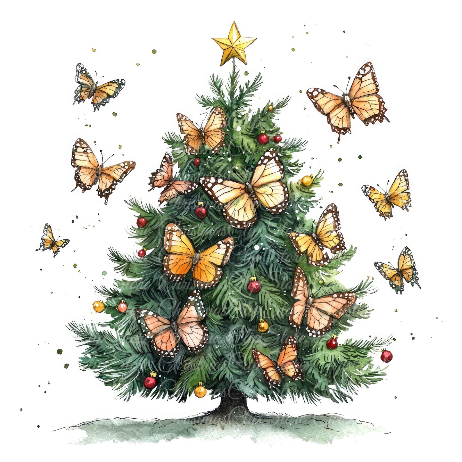 10 Butterflies Christmas Tree Digital Illustrations, High Quality PNG ...