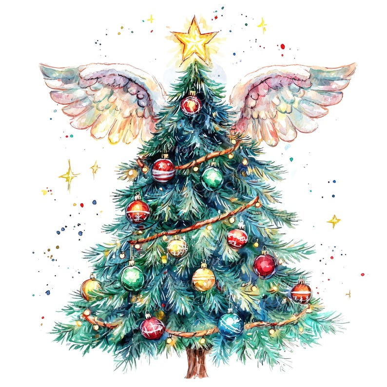 10 Christmas Tree With Angel Wings Digital Illustration, High Quality ...
