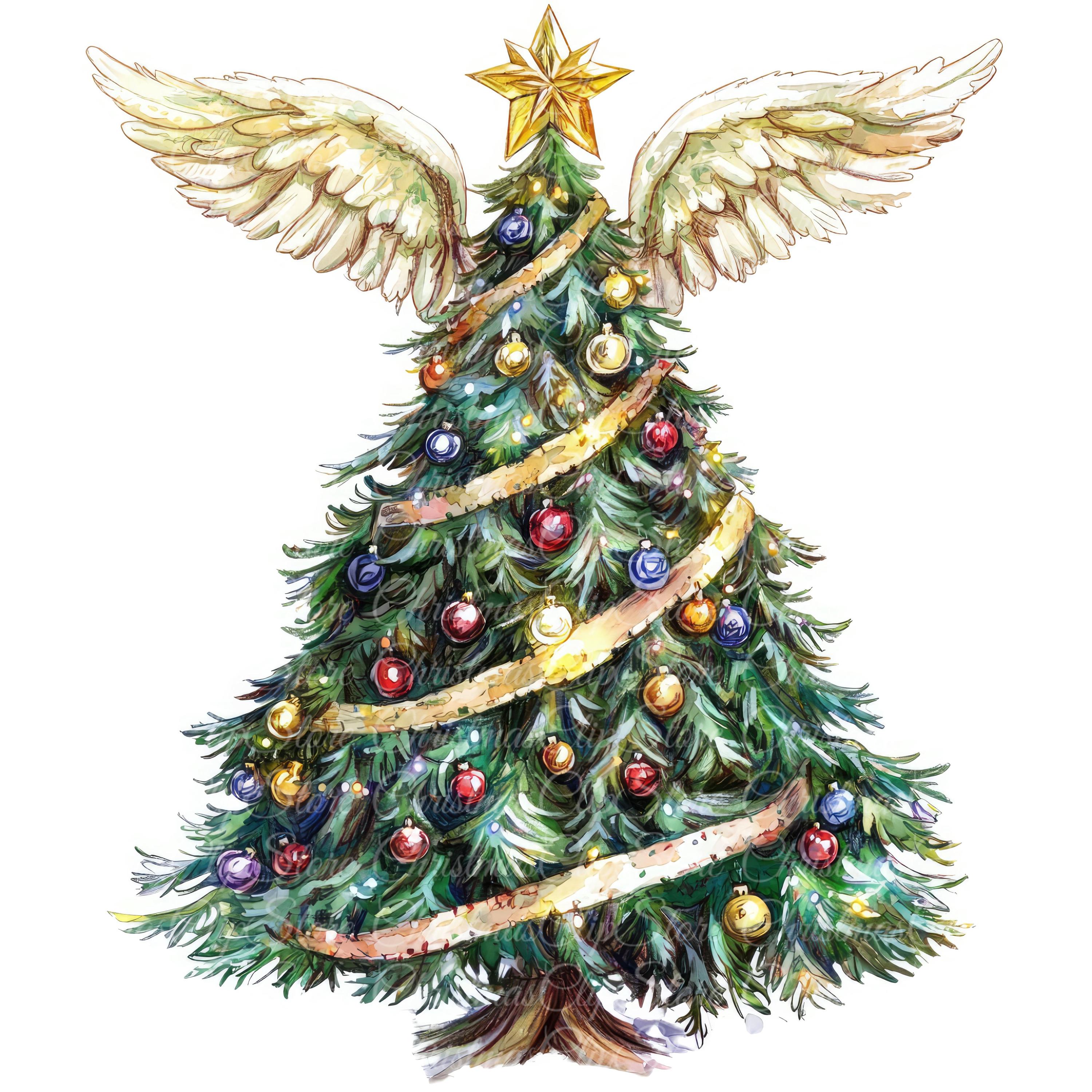10 Christmas Tree With Angel Wings Digital Illustration, High Quality ...