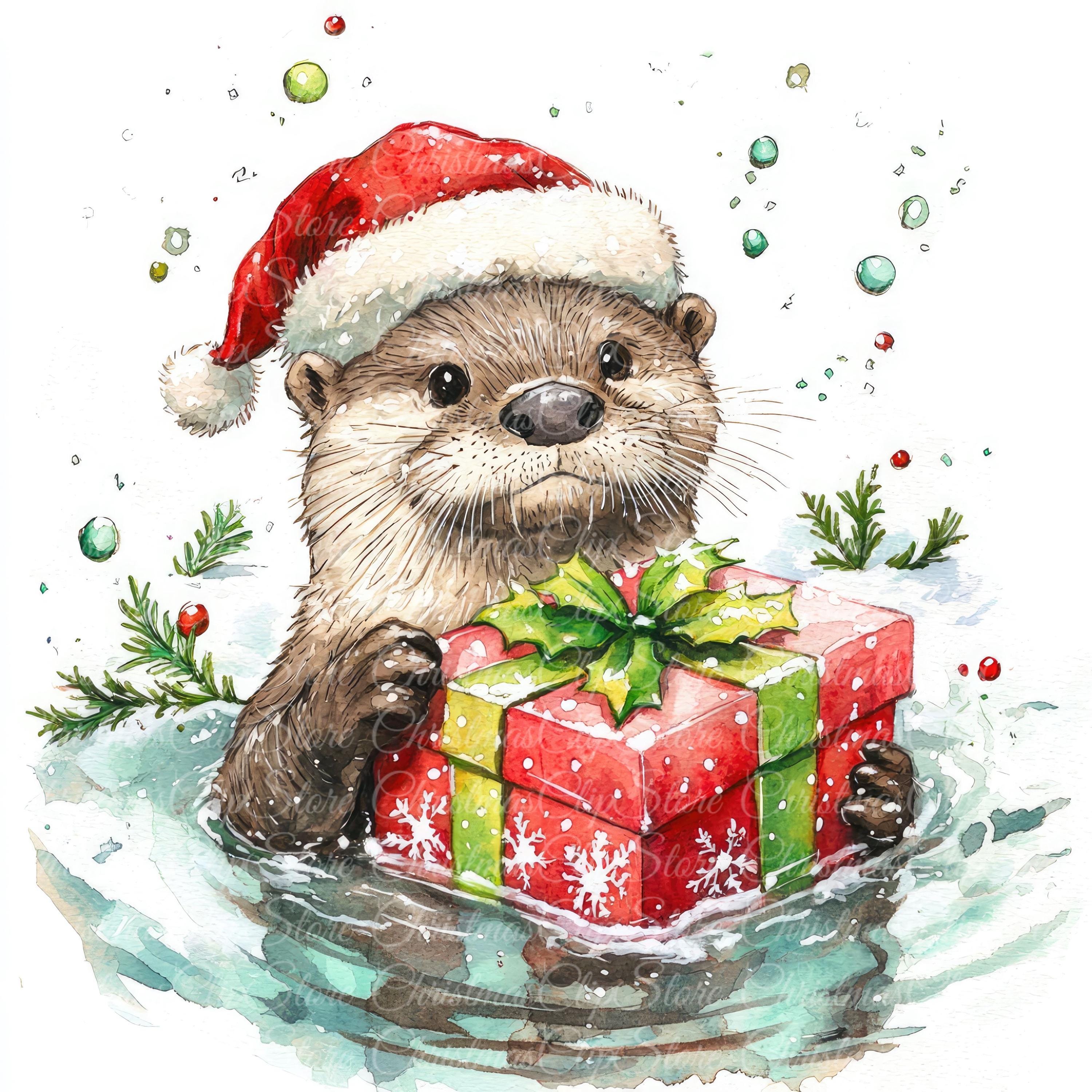 8 Christmas Otter With Gift Digital Illustrations, High Quality JPG ...