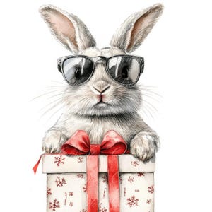 Cool Christmas Bunny Clipart, Gift Illustration (PNG & JPG) - Etsy