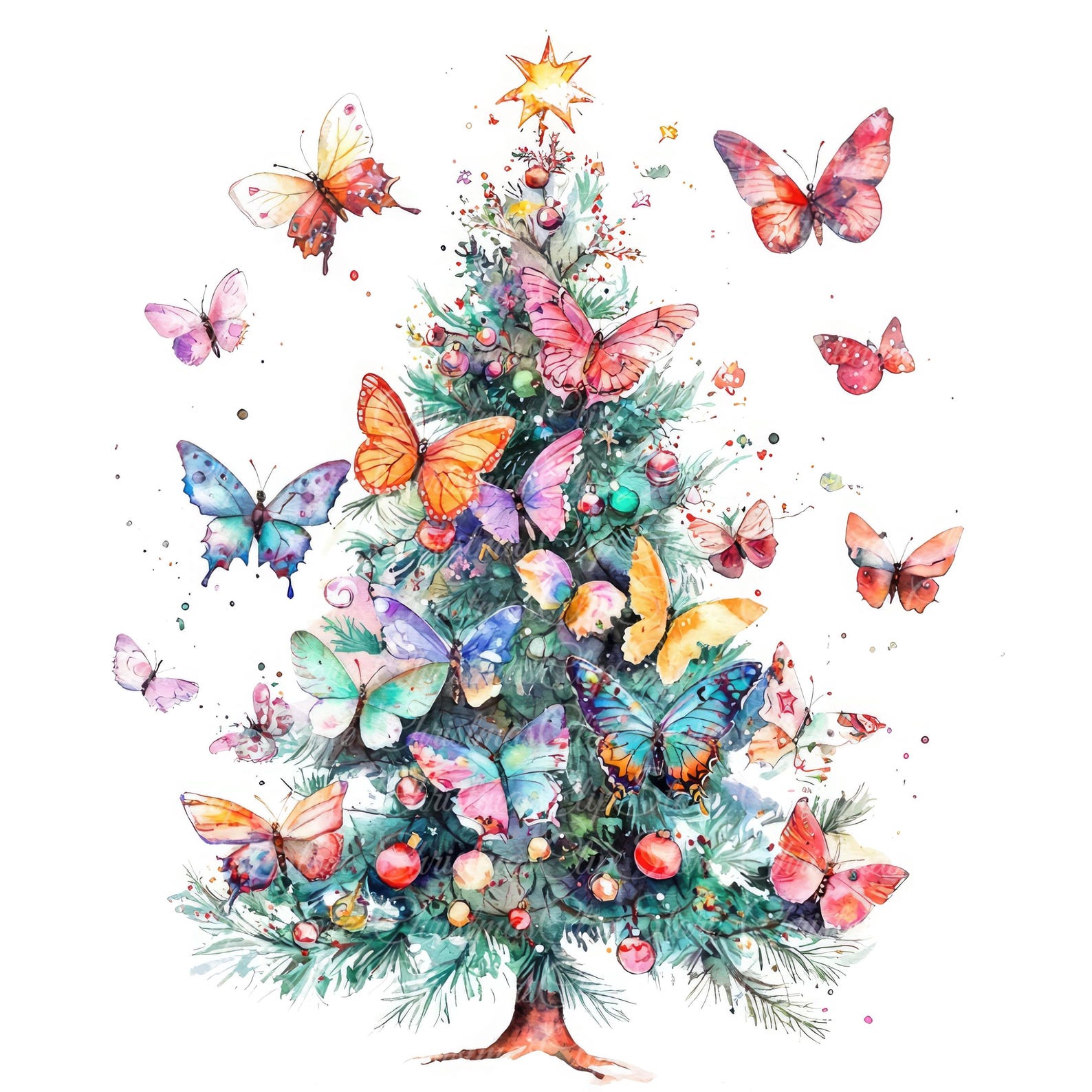 10 Butterflies Christmas Tree Digital Illustrations, High Quality PNG ...