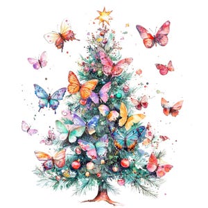 10 Butterflies Christmas Tree Digital Illustrations, High Quality PNG ...