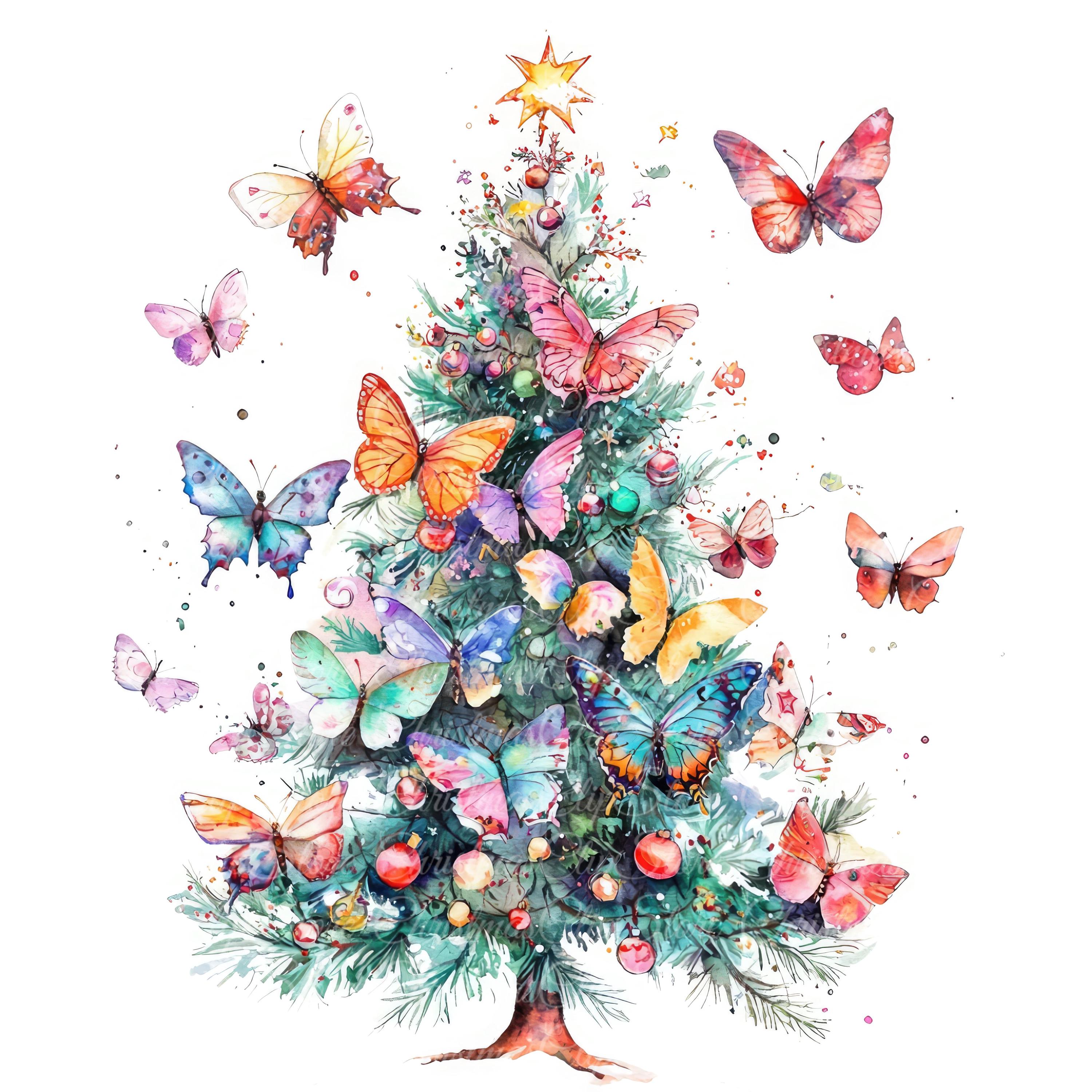10 Butterflies Christmas Tree Digital Illustrations, High Quality PNG ...